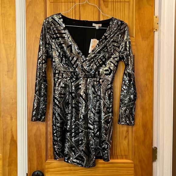 Gianni Bini | Dresses | Silver And Black Sequin Dress Long See Thru Sleeves Wrap Around Look ...